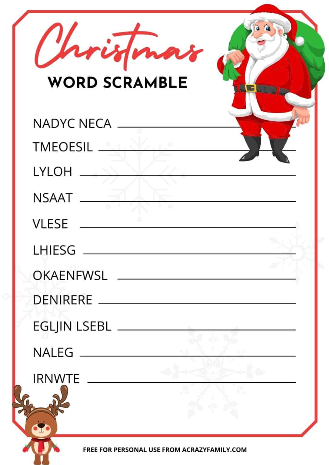 Christmas Word Scramble For Kids Free Printable 