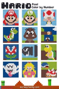 Free Super Mario Pixel Color by Number Pages - A Crazy Family