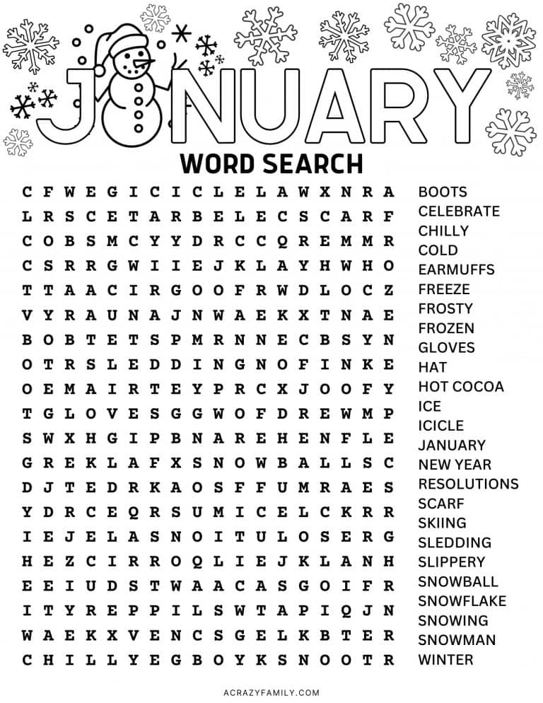 Free Printable January Word Search - A Crazy Family