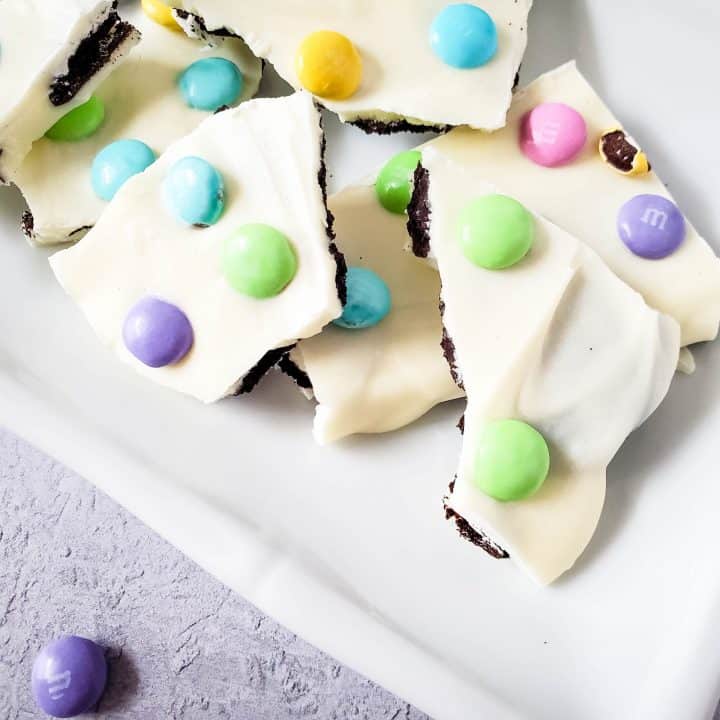 Easy Easter White Chocolate Oreo Bark with M&Ms - A Crazy Family