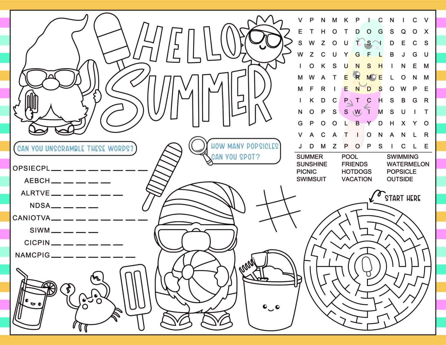 Free Printable Summer Activity Placemat with Coloring - A Crazy Family