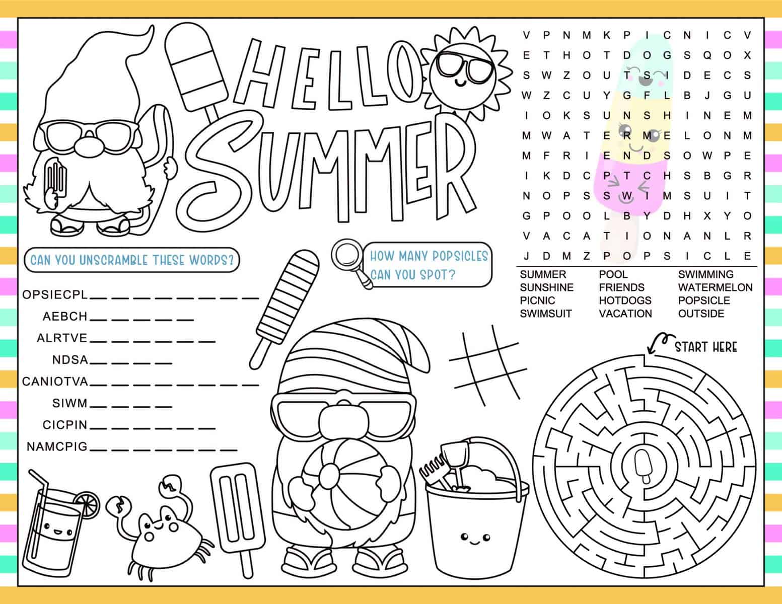 Free Printable Summer Activity Placemat with Coloring - A Crazy Family