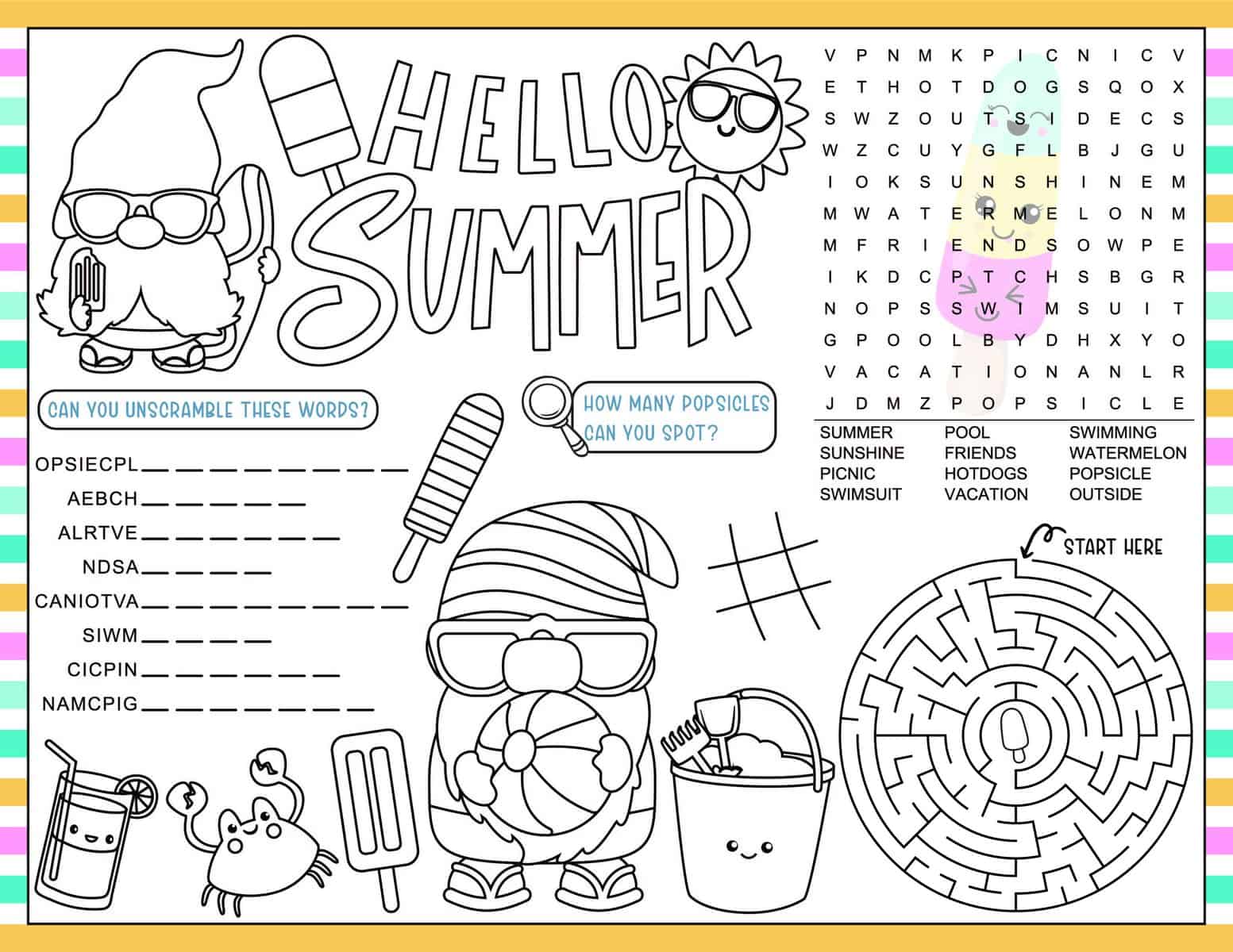 Free Printable Summer Activity Placemat with Coloring - A Crazy Family