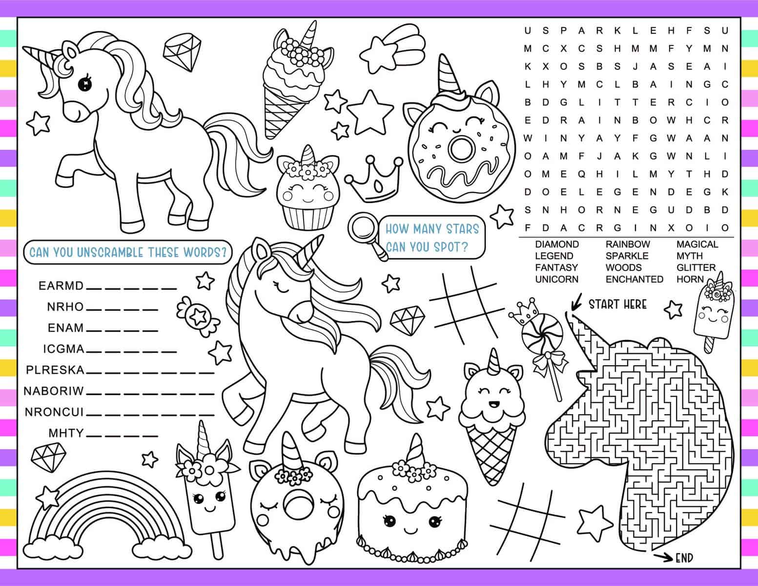 Free Printable Unicorn Activity Placemat - A Crazy Family