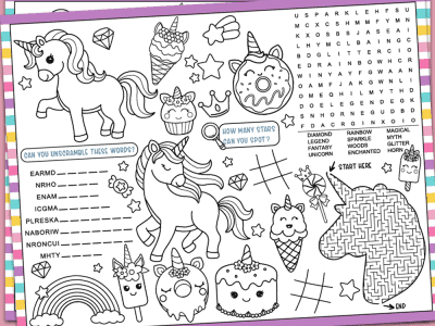 Free Printable Unicorn Activity Placemat - A Crazy Family