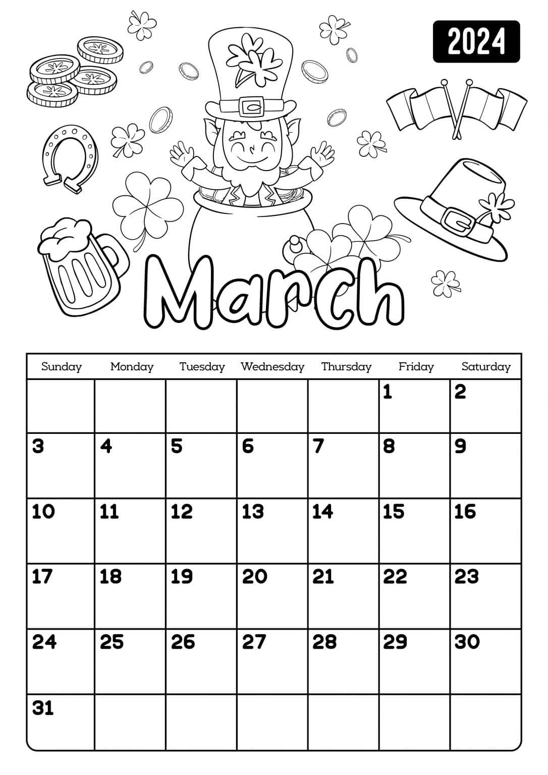 Free Printable 2024 Coloring Calendar Pages - A Crazy Family