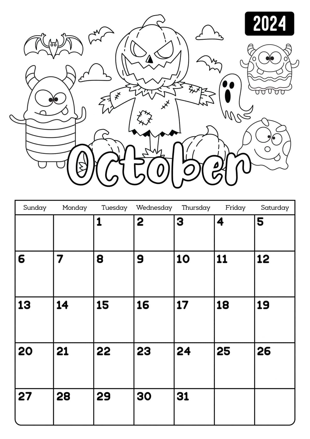 Free Printable 2024 Coloring Calendar Pages - A Crazy Family